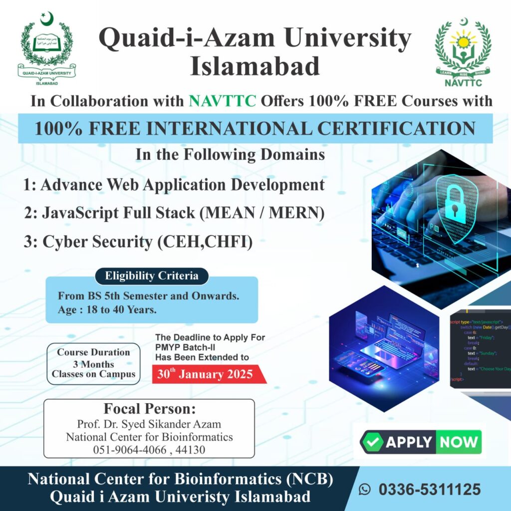 Quaid-i-Azam University Offers 100% Free 3 months Training Programs ...